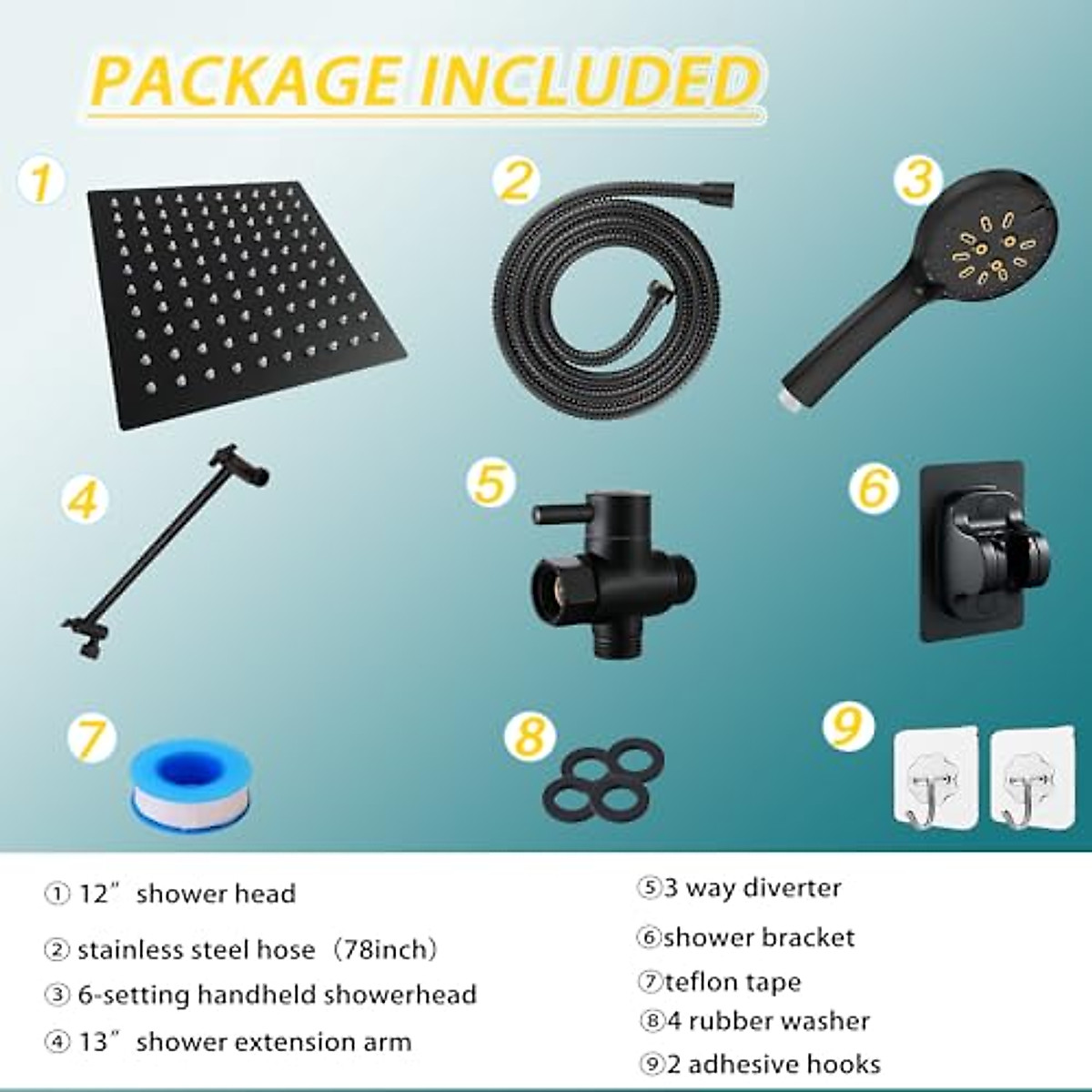 AWAXFOLO 12'' High Pressure Square Shower Head with 6-Function Adjustable Spray Handheld, 13'' Extension Arm, 78'' Hose, Water Temperature Reminder, Matte Black