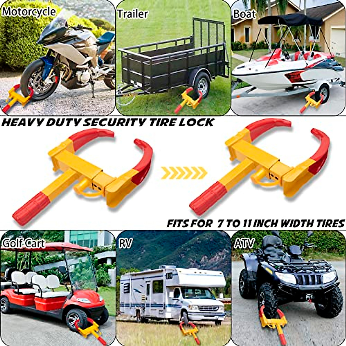 Trailer Wheel Lock, Wheel Clamp Lock Universal Wheel Boot Security Tire Lock Anti Theft Lock for Trailers Golf Cart Car Boat SUV Motorcycle Camper Car with 3 Keys (Bright Red &Yellow)