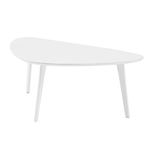 Small Oval Coffee Table Wood Mid Century Modern Coffee Tables Minimalist Farmhouse Style Chic for Living Room,Natural Wooden Texture,Unique Triangle Tabletop,Oak Leg,White 38.5"