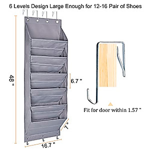 Over The Door Shoe Organizer with Deep Pockets, 6 Layers Hanging Shoe Rack for Closet, 12 Pairs of Wall Shoe Rack with 3 Hooks, Door Hanging Organizer for Shoes Sneakers and Home Accessories Grey
