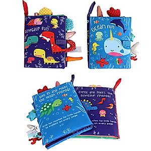 ORAPOH Dinosaur and Ocean Tail Baby Early Education Toy, Activity Crinkle Cloth Book for Toddler, Infants and Kids Perfect for Baby Shower (2 Packs)