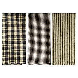 fillURbasket Black Farmhouse Kitchen Towels Set of 3 Striped Buffalo Checked Plaid Dish Towels Black and Tan Towels for Decor Dishing Drying Cotton 15”x25”