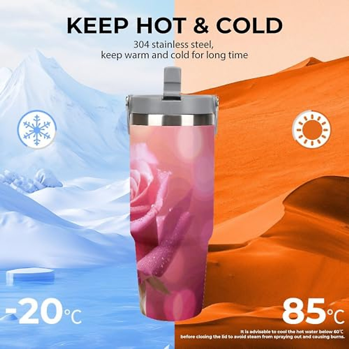 Beautiful Flower Images Tumbler 30oz Large Capacity Car Cup with Handle Fit in Any Car Cup Holder Stainless Steel Leakproof Insulated Coffee Tumblers with Lid And Straw