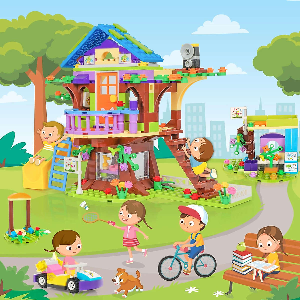 1274 Pieces Friends Tree House Summer Pool Party Building Kit, Friends Treehouse Swimming Pool Building Set with Storage Box, Creative Building Blocks Toy Birthday Gifts for Kids Girls Aged 6-12