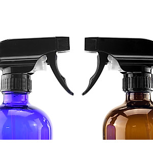 16oz Glass Bottles w/Heavy Duty Sprayers - Three Pack Bundle (1 Cobalt Blue, 1 Amber, 1 Clear); Boston Round; 3-Setting Spray Tops + Black Lids