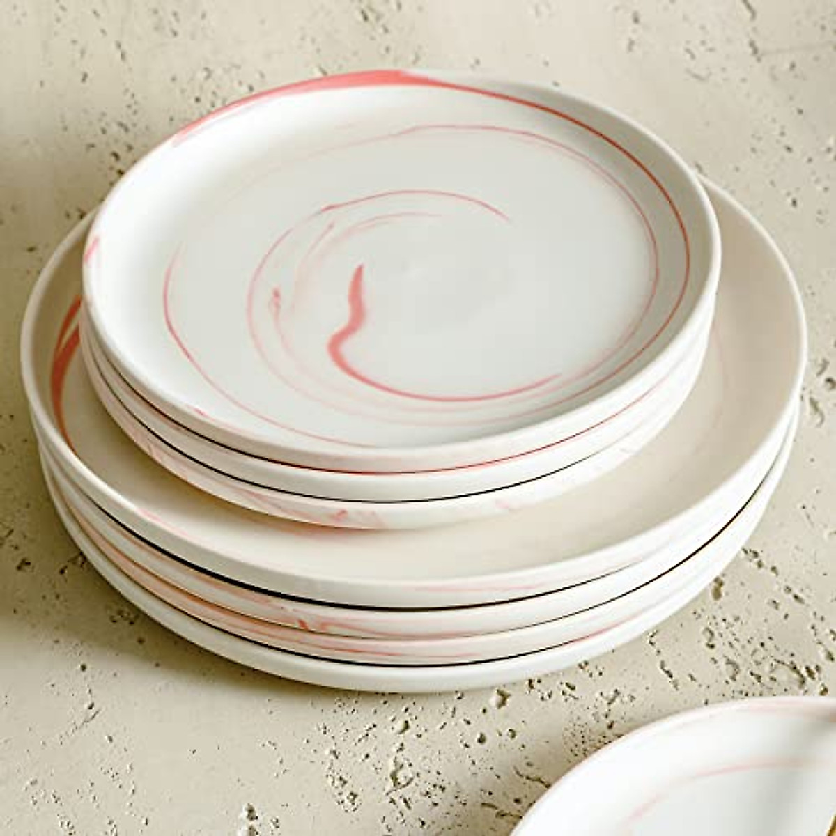 Stone Lain Marble Porcelain Dinnerware Set, 16 Piece Service for 4, Matte Pink