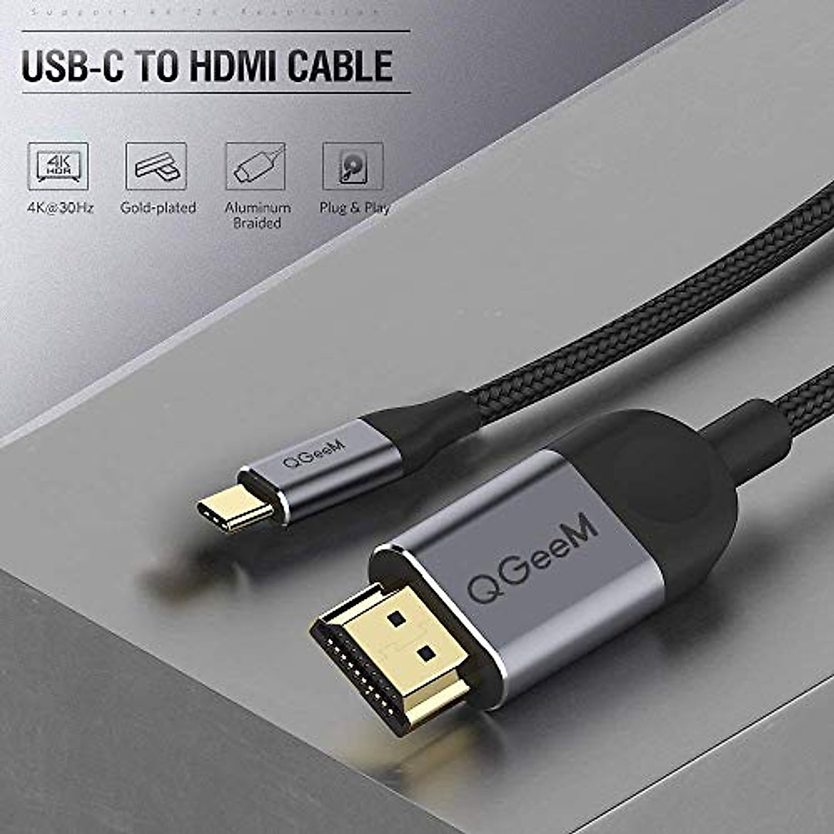 QGeeM USB C to HDMI Cable, USB Type C to HDMI Cable 4ft 4k Thunderbolt 3 Compatible with MacBook Pro 2020, IPad pro, Samsung S9 S10, Surface Book 2