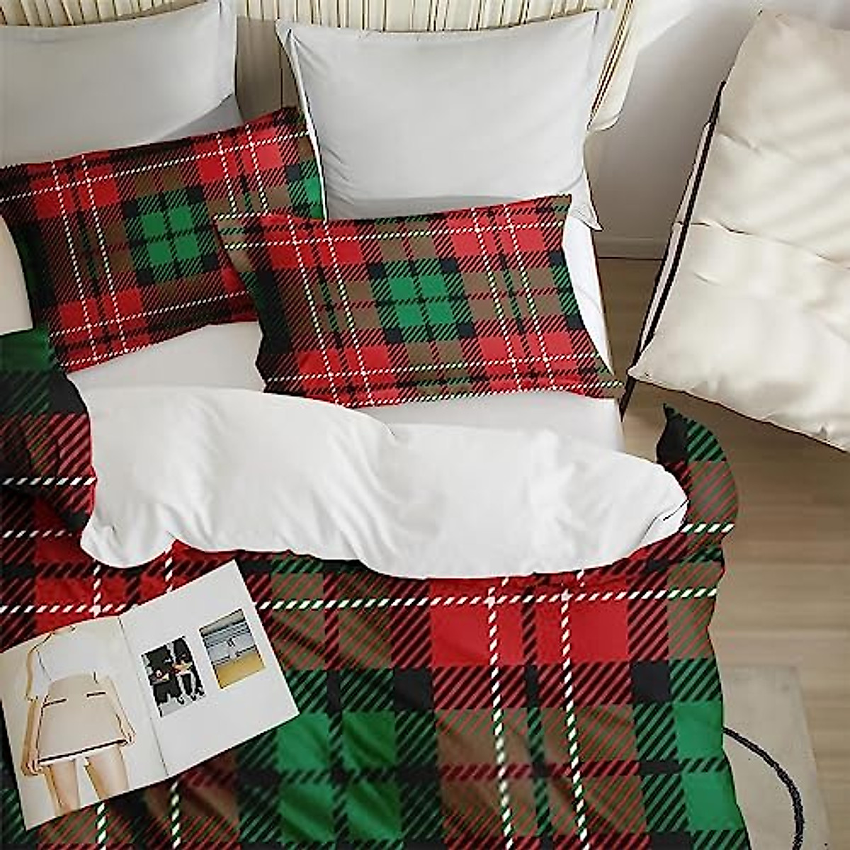 Duvet Cover Full Size, Christmas Plaid Red Green Bedding Set with Zipper Closure for Kids and Adults, Winter Geometric Woven Comforter Cover with 2 Pillow Shams for Bedroom Bed Decor