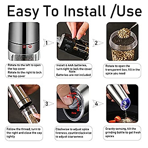 Gravity Electric Salt and Pepper Grinder, SAINSWIN Automatic Pepper Mill Grinder Battery-Operated,Silver Adjustable Coarseness Sea Salt Grinder, LED Light, Utility Brush,One Hand Operated