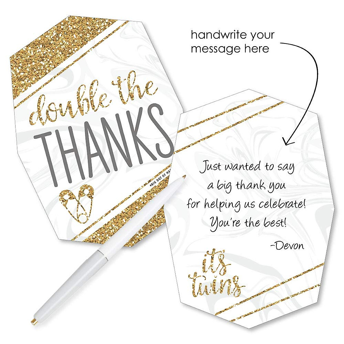 Big Dot of Happiness It's Twins - Gold Baby Shower Thank You Note Cards with Envelopes - Set of 12