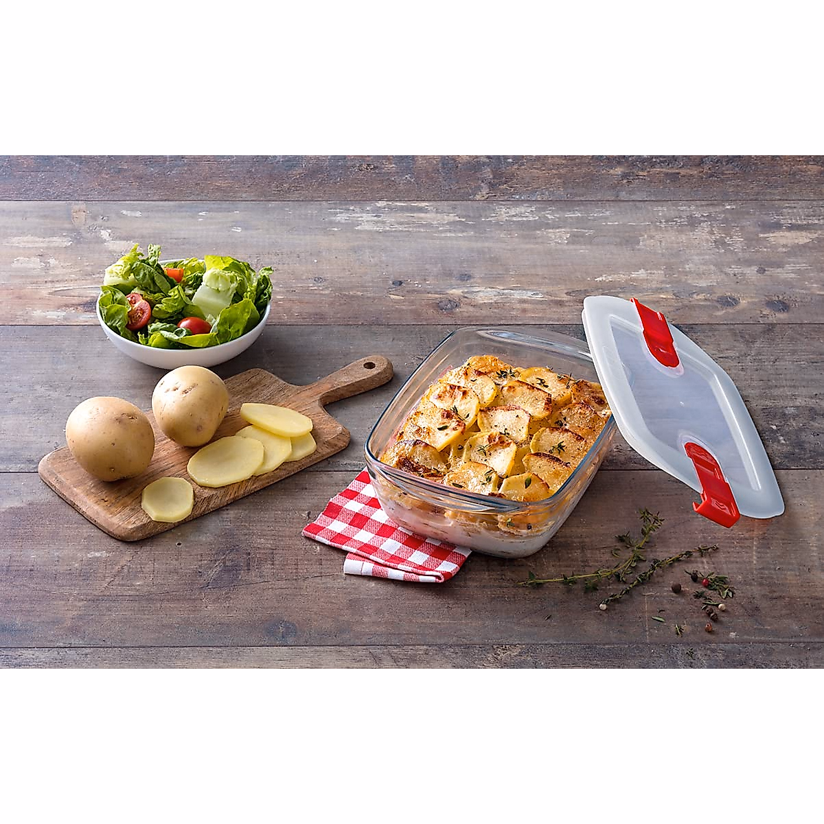 Ôcuisine 334S116 rectangular tempered borosilicate glass food containers with patented microwave safe, oven cooking (without lid), storage & reheating, Set of 3, BPA Free, Made in France