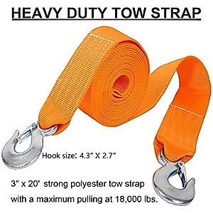 Tow Strap Heavy Duty, Recovery Strap 3" X 20' 18,000 LB Break Strength Rope Winch Strap with 2 Hook