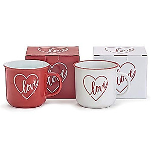 One Holiday Way Set of 2 14-Ounce Red and White Ceramic Love Heart Mugs - Hand Painted Valentine’s Day Tableware – Coffee Cup Tea Drinkware Kitchen Decoration – Cute Decorative Mothers Day Home Decor