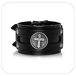 Nsitbbuery Hip Hop Jewelry Metal Cross Disc Belt Buckle Bracelet Wide Leather Wristband Bracelet(Black)
