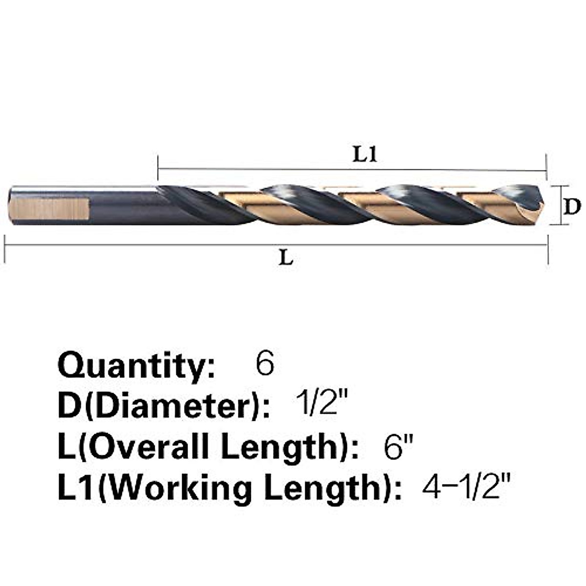 6 PCS,1/2", Black and Gold Twist Drill Bits