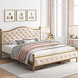 HIFIT Queen Size Platform Bed Frame with Elegant Button Tufted Curved Headboard, Velvet Upholstered Bed Frame with No Noise, Heavy Duty Metal Frame Foundation, No Box Spring Needed, Gold-Beige
