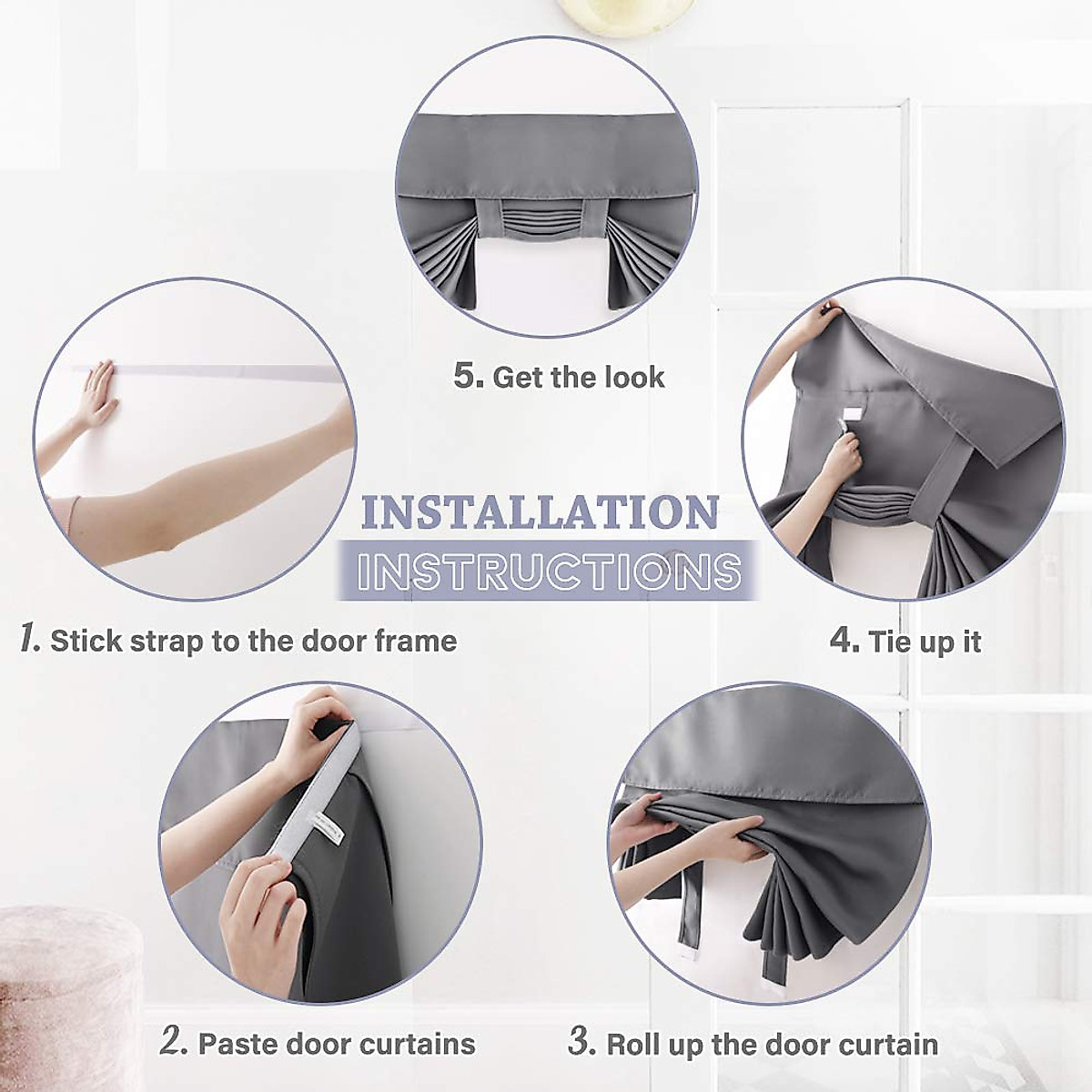 RYB HOME Blackout Door Curtain - Privacy Thermal Insulated Tricia Door Window Curtains for Patio French Door Front Door Sidelight Curtain Tie up Shade, W30 x L69 inch, 1 Panel, Gray