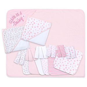 The Peanutshell Hooded Bath Towel and Wash Cloth Set for Baby Girls - 23 Piece Gift Set - Pink Floral & Cheetah Print