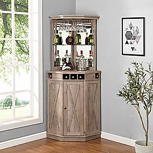 Home Source 73" Tall Corner Storage Cabinet with Wood Doors, Wine Rack, Liquor Glass Holder, Glass Design Large Rustic Bar Hutch for Living Room, Home Office, Kitchen, Small Space, Stone Grey
