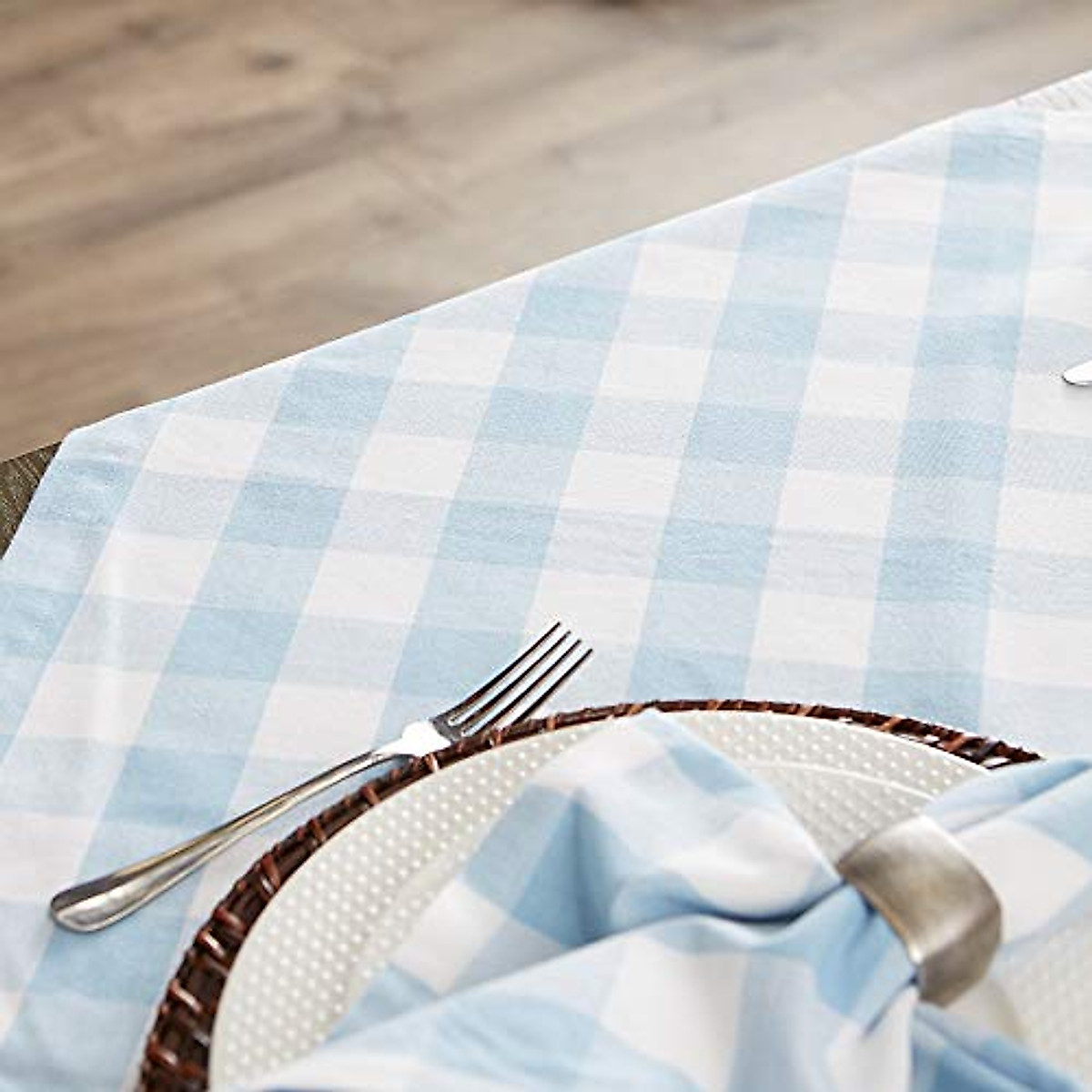 DII Buffalo Check Collection, Classic Farmhouse Tablecloth, Tablecloth, 70" Round, Light Blue & White