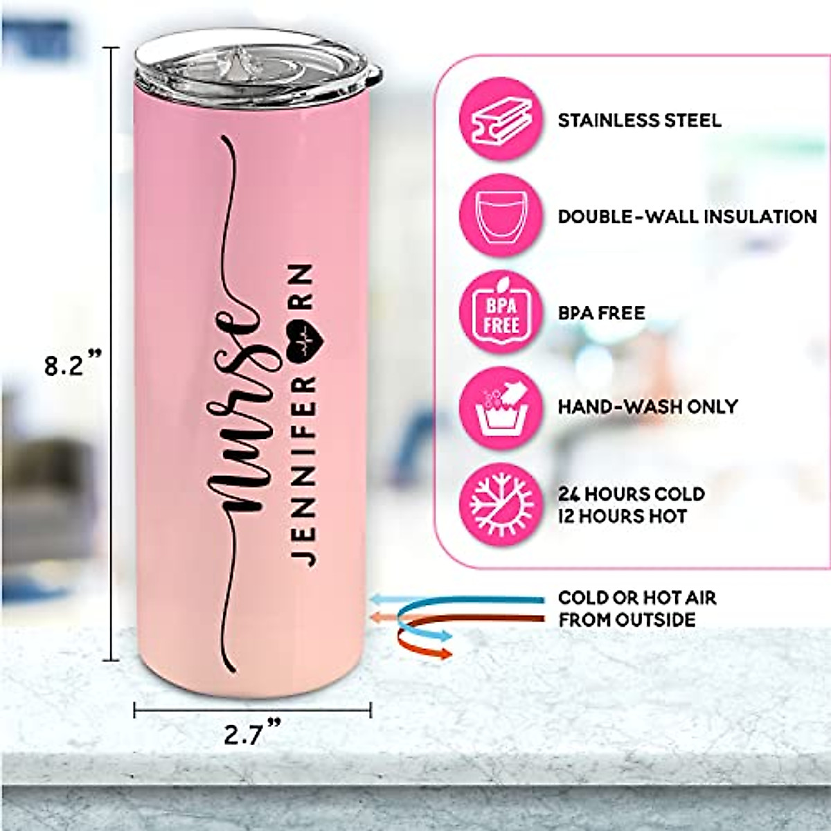 Personalized 20 oz Nurse Tumbler with Straw Lid, 10 Designs & 25 Colors, Nurse Gifts for Women, Custom Nurse Appreciation Gifts, Nurse Graduation Gift, 3 Piece Set