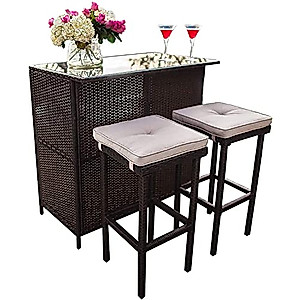 Omelaza 3-Piece Patio Bar Table Set Outdoor Wicker Bistro Set - Glass Bar and Two Stools with Cushions for Patios, Backyards, Porches, Gardens or Poolside