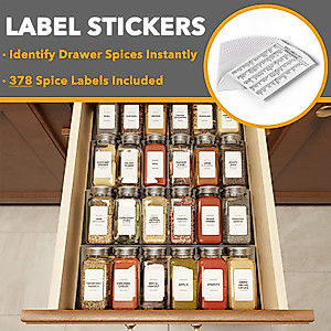 SpaceAid Spice Drawer Organizer with 24 Spice Jars, 378 White Minimalist Spice Labels, 4 Tier Seasoning Rack Tray Insert for Kitchen Drawers, 11.25" Wide x 17.5" Deep