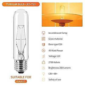 Usoway 40 Watt T10 Clear Tubular Incandescent Light Bulb, E26 Medium Base,2700K Soft White,280 Lumens,Showcase lamp. (6)