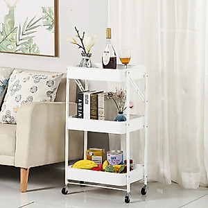 Ruishetop Foldable 3-Tier Metal Utility Rolling Cart with Wheels, Easy Assembly Folding Mobile Multi-Function Storage Organizer Cart for Home Office Kitchen Outdoor (White)