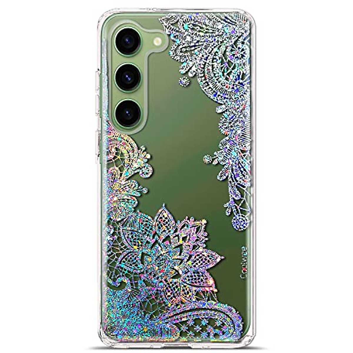 Coolwee Clear Glitter for Samsung Galaxy S23 Plus Case Thin Flower Slim Cute Crystal Lace Bling Sparkle Floral Hard Plastic Cover Back Soft TPU Bumper Protective Mandala Henna Anti Yellowing