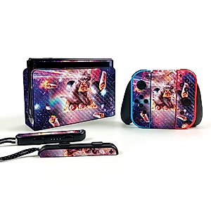 MightySkins Carbon Fiber Skin Compatible with Nintendo Switch OLED - Cosmic Pizza Cat | Protective, Durable Textured Carbon Fiber Finish | Easy to Apply | Made in The USA