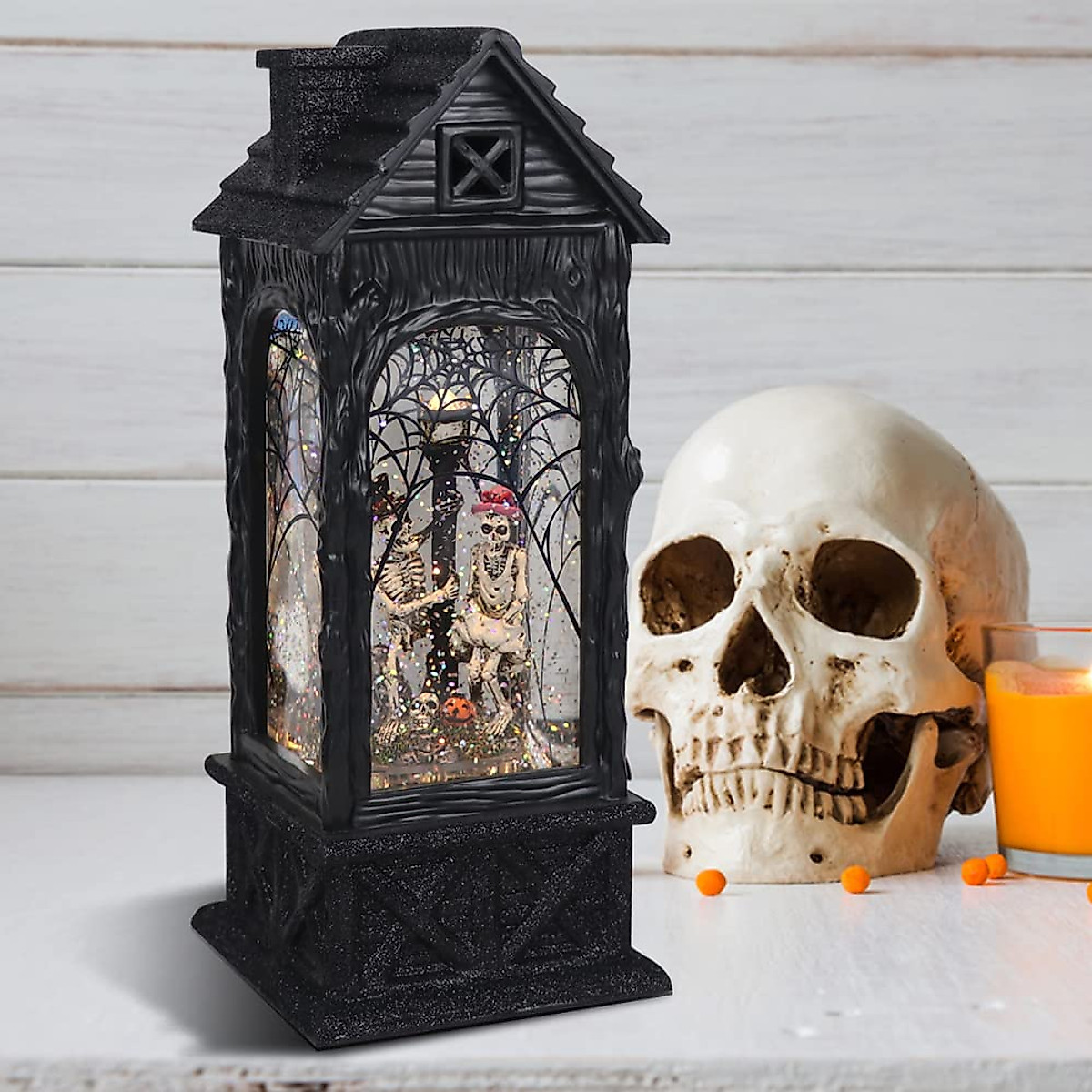 Wondise Halloween Projection Snow Globe with Timer, Battery Operated Spinning Water Glittering Skull Statue Lantern Globe for Halloween Decoration