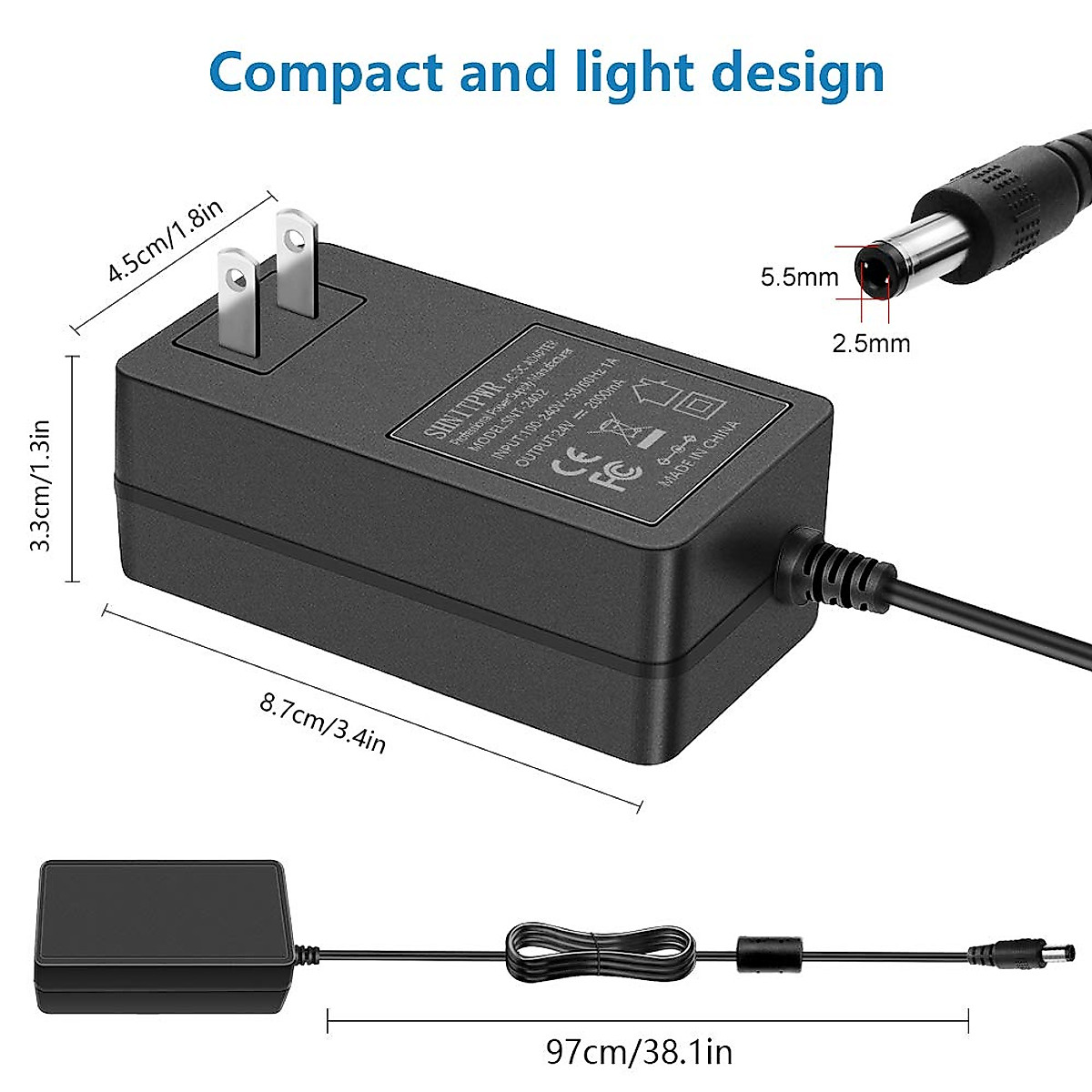SHNITPWR 24V DC Power Supply Adapter 24 Volt 2A 48W AC to DC Converter Transformer 100~240V AC Input with 5.5x2.5mm DC Tip for 5050 3528 LED Strip 3D Printer CCTV Security System LCD Monitor