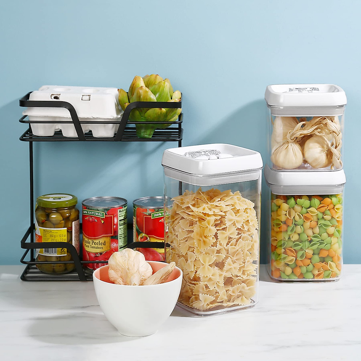 Felli Flip Tite Food Storage Container 5” LARGE 5pk Set + No Residue Label, Airtight Lid Easy Lock Top Stackable, Plastic Canister Jar for Pantry Kitchen Fridge Organizer Pasta Protein Powder Spice