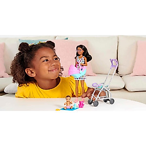 Barbie Skipper Babysitters Inc Playset with Brunette Doll, Stroller, Baby Doll & 5 Accessories, Remove Stroller Seat for Carrier