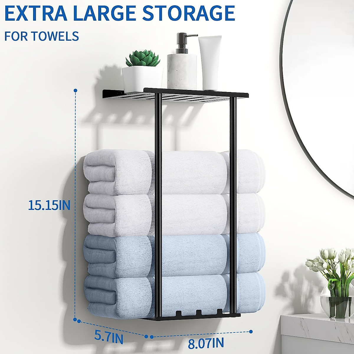 Towel Racks for Bathroom, Metal Wall Mounted Towel Rack Sturdy, Towel Storage for Bathroom Rustproof Towel Holder with Hook, Lavatory Bathroom Storage for Large Towels/Rolled Towels - Black