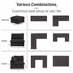 Cloud Modular Sectional Sofa,Down Filled Comfort Sofa Couch for Living Room,Minimalist Wide Deep Seat Convertible Couches,Sofa Cover Washable & Removable (Black, 8 Seater)