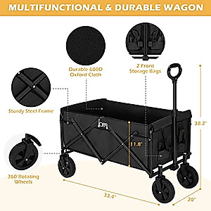 Heavy Duty Collapsible Wagon Foldable Garden Cart Utility Pull Push Beach Wagon for Sand with Wheels All Terrain Shopping Cart,Black