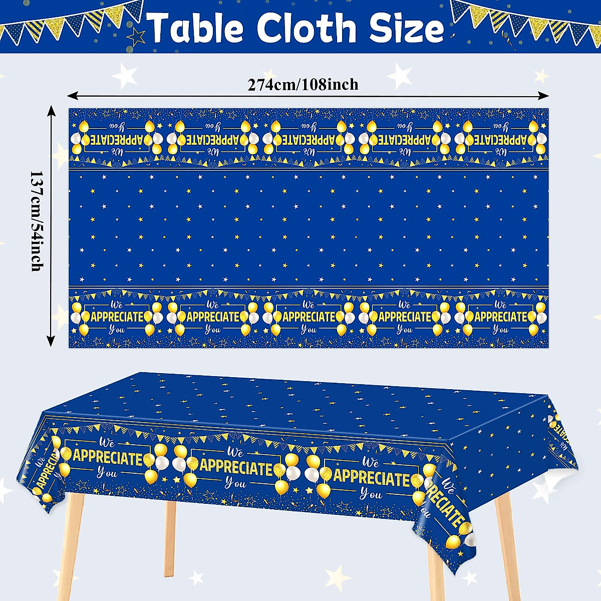 CHUNNIN 3pcs We Appreciate You Table Cloth Thank You Decorations for Work Anniversary Party Disposable Plastic Blue and Gold Table Cover for Coworker Employee Volunteer Teacher Appreciation Supplies