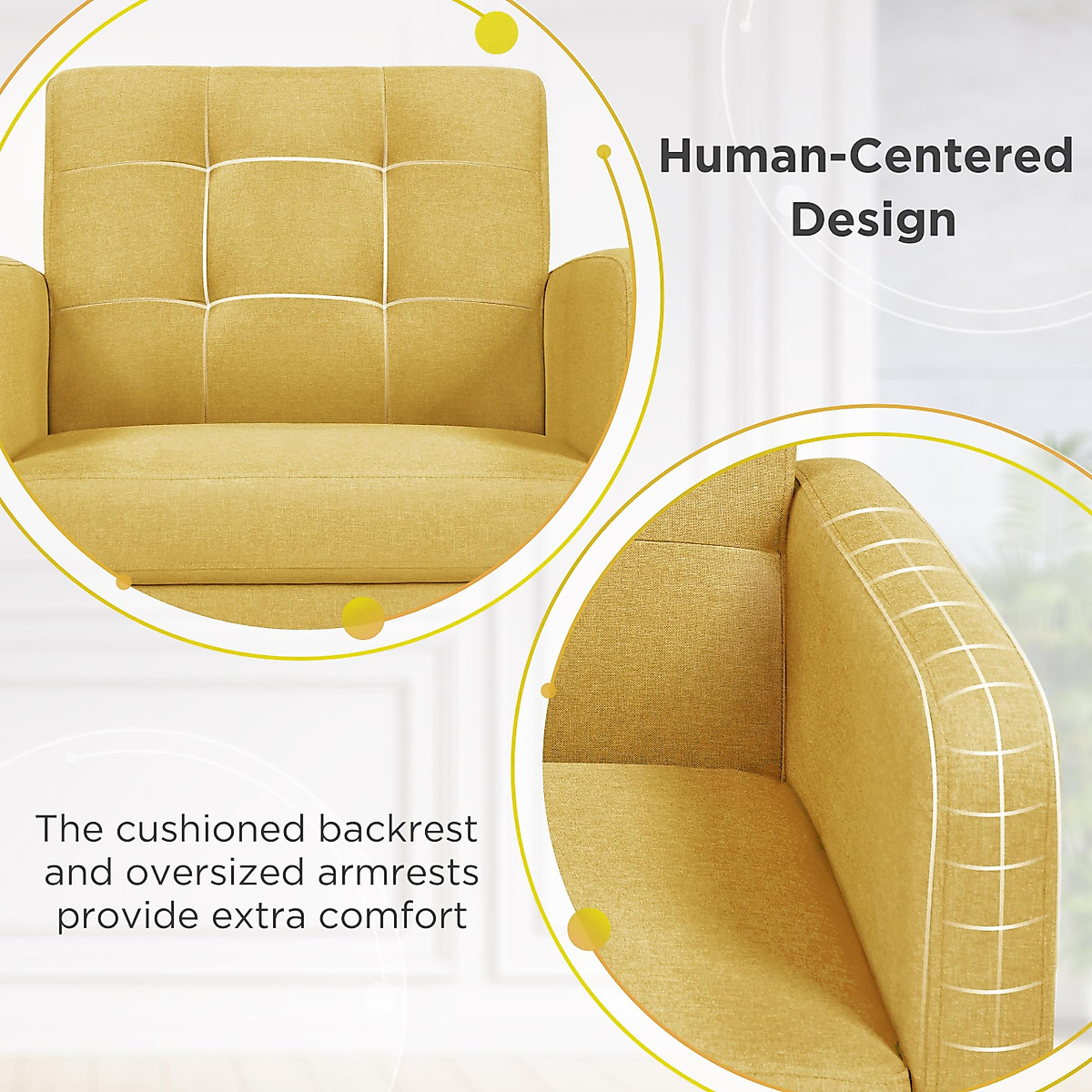 Yaheetech Mid-Century Accent Chairs, Modern Upholstered Living Room Chair, Cozy Armchair Button Tufted Back and Wood Legs for Bedroom/Office/Cafe, Set of 2, Yellow