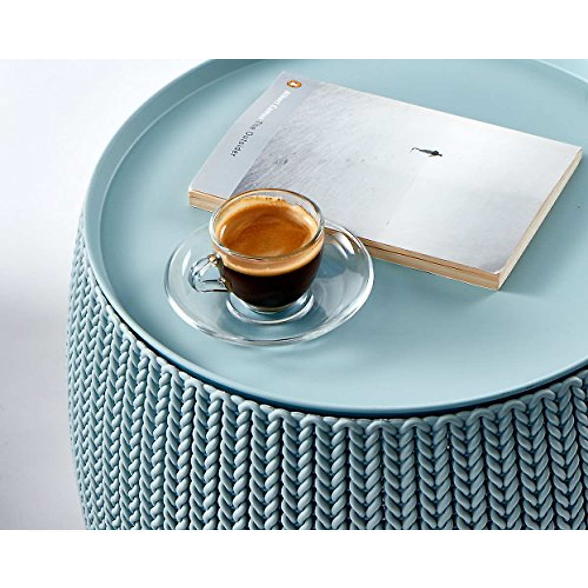 Keter Urban Knit Pouf Ottoman Set of 2 with Storage Table for Patio and Room Décor - Perfect for Balcony, Deck, and Outdoor Seating, Misty Blue & Taupe