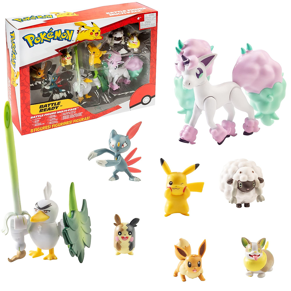 Pokémon Figure Battle Ready! 8-Pack Toy - Sword and Shield - includes 4.5" Ponyta & 2" Pikachu, Eevee, Wooloo, Sneasel, Yamper, Sirfetch'd & Morpeko - Gift for Kids, Boys & Girls - Ages 4+