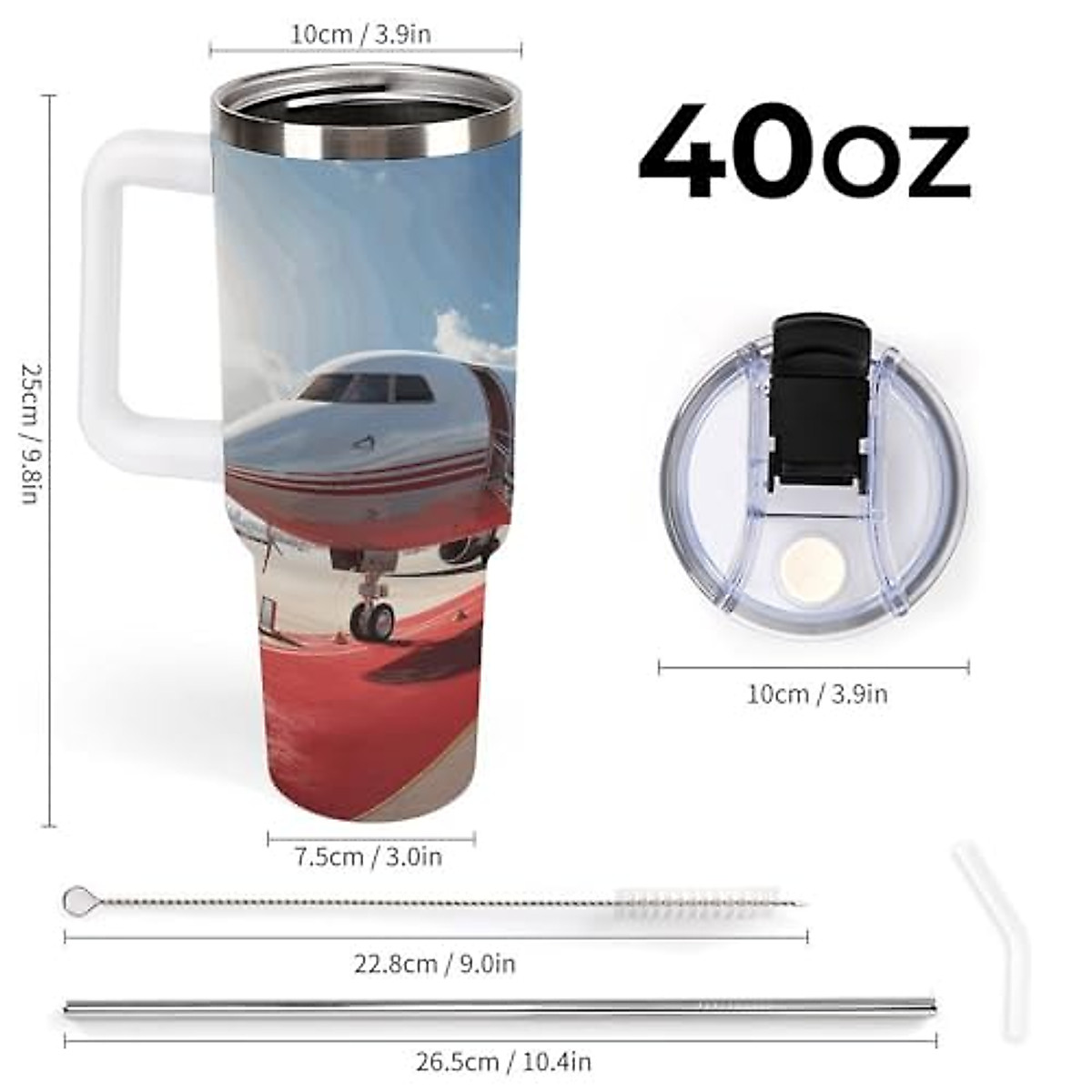 LLUTSNTH 40 Oz Vacuum Tumbler with White Handle Leakproof Insulated Tumbler Red Carpet Airplane Stainless Steel Travel Mug with Lid And Straw Coffee Cup Cute Water Bottles Cup Holder Friendly