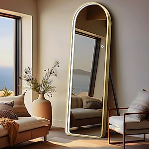 SDHYL Arched Full Length Mirror with Lights, 64"x20" LED Mirror Full Length with Stand, Full Body Mirror with Touch Button and Plug, Dimmable Brightness Dressing Mirror for Living Room, Gold