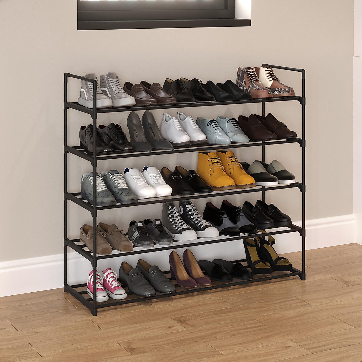 Shoe Rack - 5-Tier Shoe Organizer for Closet, Bathroom, Entryway - Shelf Holds 25 Pairs Sneakers, Heels, Boots by Home-Complete (Black)
