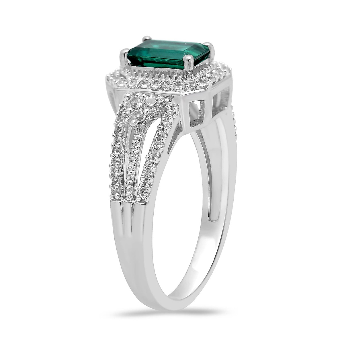 Jewelili Sterling Silver 7x5MM Octagon Created Emerald and Round Created White Sapphire Halo Ring, Size 7