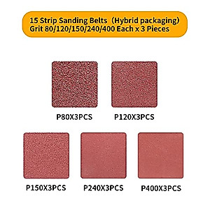 POTUINOM 15 Pack Sanding Belts 3X18 Inches(75X457mm)- 3 Each of 80/120/150/240/400 Grits Aluminum Oxide Sanding Belt, Best Suitable for Wood Sanding and Levelling