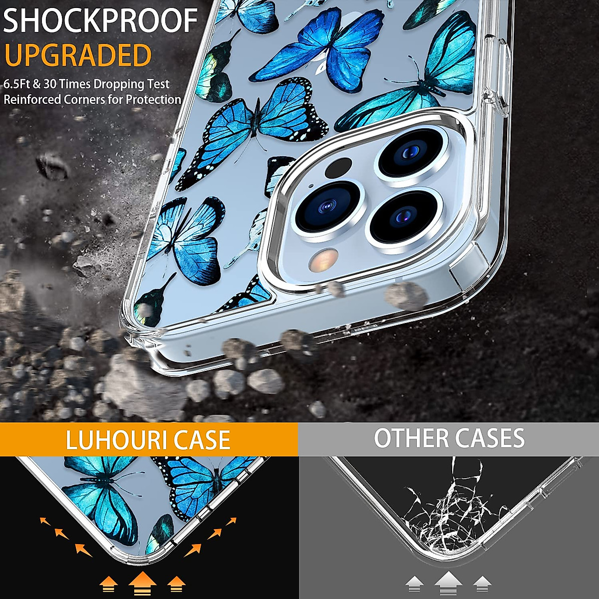 LUHOURI Designed for iPhone 13 Pro Max Case with Screen Protector - Crystal Acrylic Clear for Women and Girls - Slim Fit Protective Phone Cover 6.7" - Floral Blue Butterflies