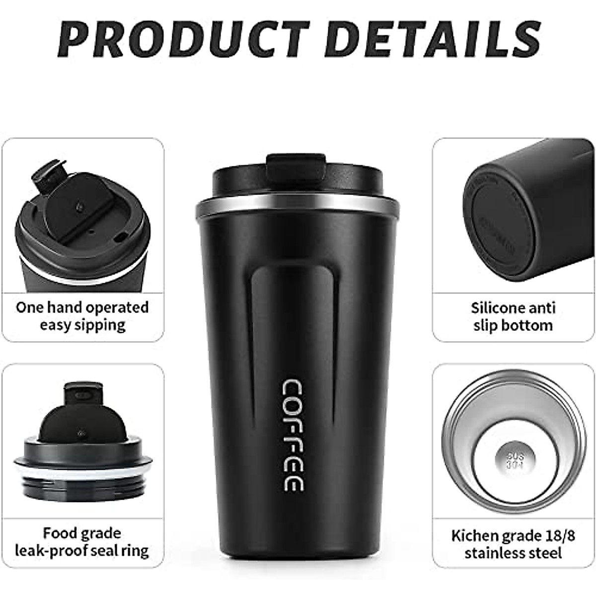 grow vitamin Travel Coffee Mug, Vacuum Insulated Tumbler Double Wall Stainless Steel Coffee Thermal Cup with Screw Lid - Spill Proof - 17 Oz
