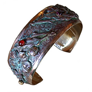 Elaine Coyne Collectible Artwear Cherokee Rose Floral Cuff - Amethyst, Aragonite, Carnelian, Garnet - USA Made